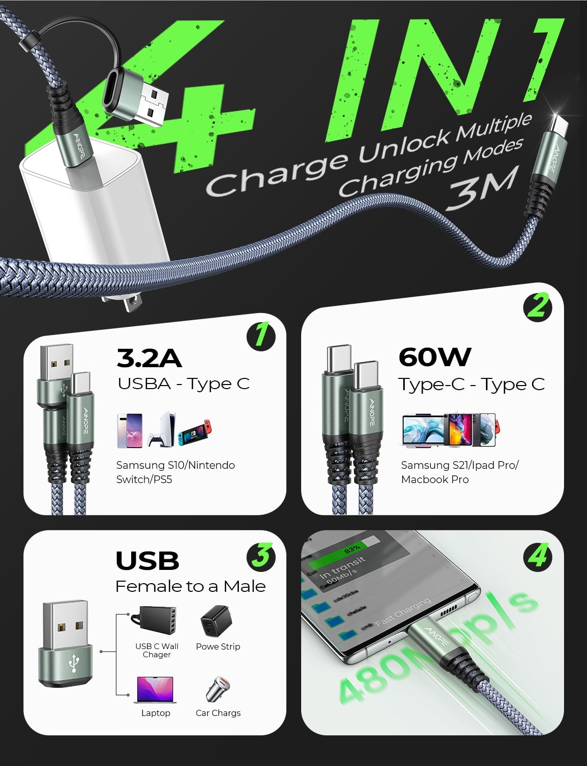 AINOPE 10ft 4 in 1 USB C Cable – AINOPE E-Commerce Ltd